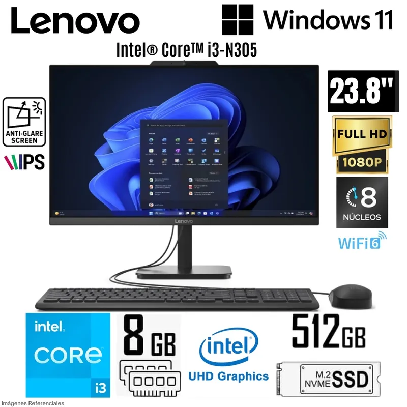 All in One Lenovo V100 Intel Core i3-N305 8GB RAM 512GB SSD 23.8" FHD IPS LENOVO | falabella.com