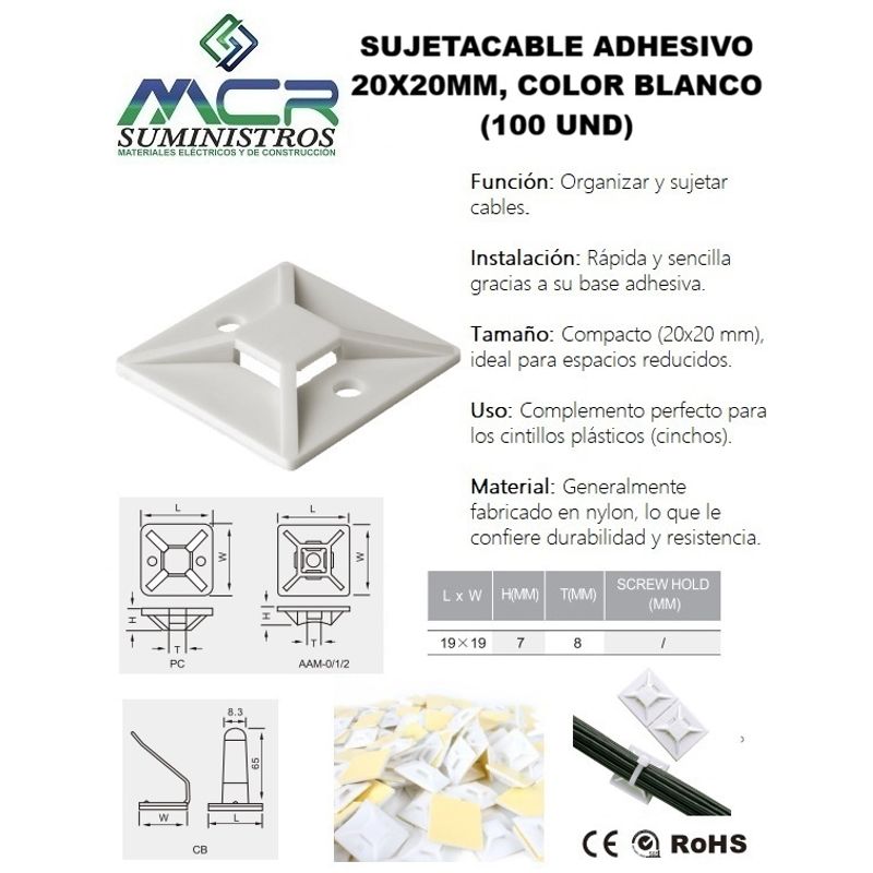 SUJETACABLE ADHESIVO 20X20MM BLANCO 100UND GENERICO | falabella.com