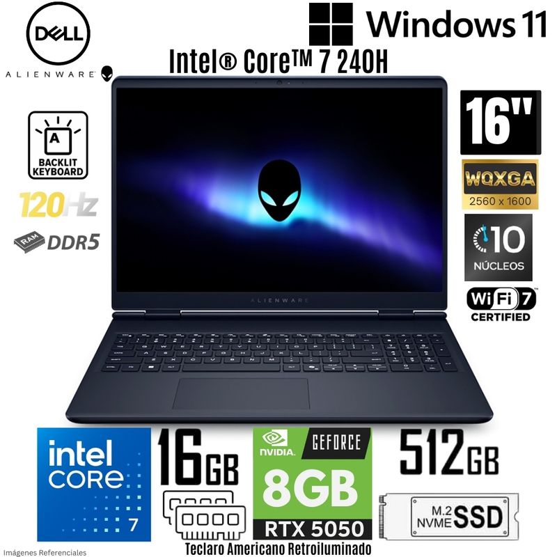 Laptop Dell ALIENWARE 16 Aurora Intel Core 7 240H 16GB DDR5 RAM 512GB SSD RTX 5050-8GB 16" WQXGA ...