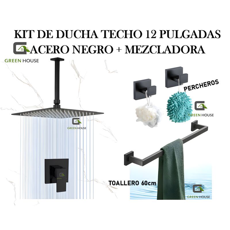 KIT DE DUCHA TECHO 12 PULGADAS ACERO NEGRO MATE GREEN HOUSE | falabella.com