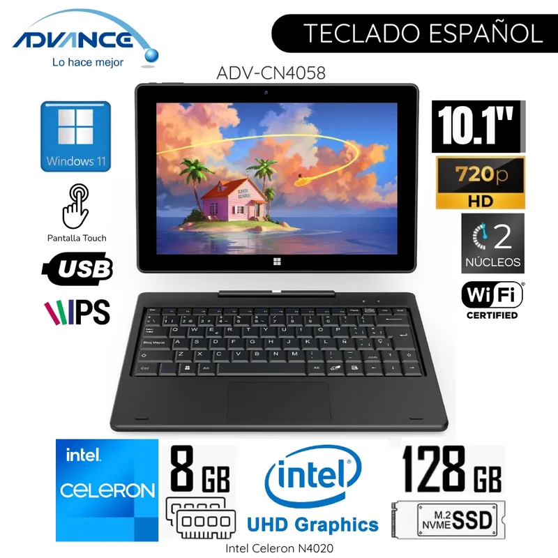 Laptop Advance CN4058 2 en 1 Intel Celeron N4020 8GB RAM 128GB SSD 10.1" HD Pantalla táctil Wind ...