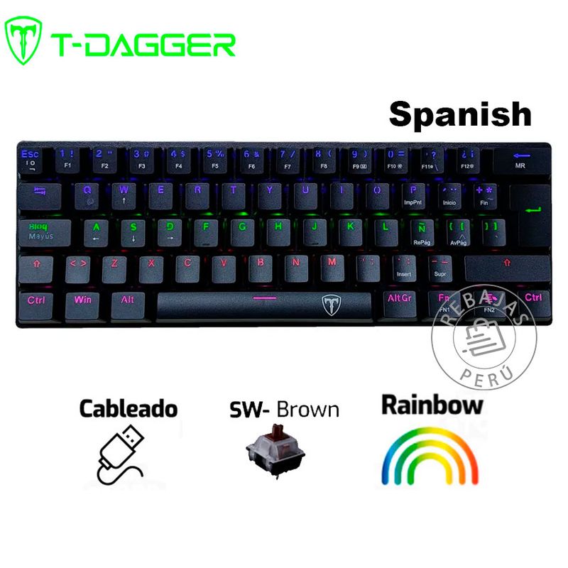Teclado Mecánico T-Dagger Arena 60% Brown ESP RGB Rainbow Negro T ...