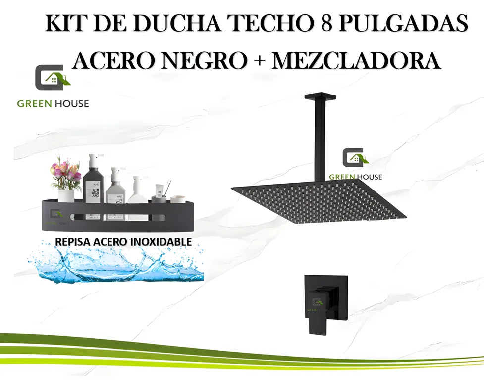 KIT DE DUCHA TECHO 8 PULGADAS ACERO NEGRO MATE GREEN HOUSE | falabella.com