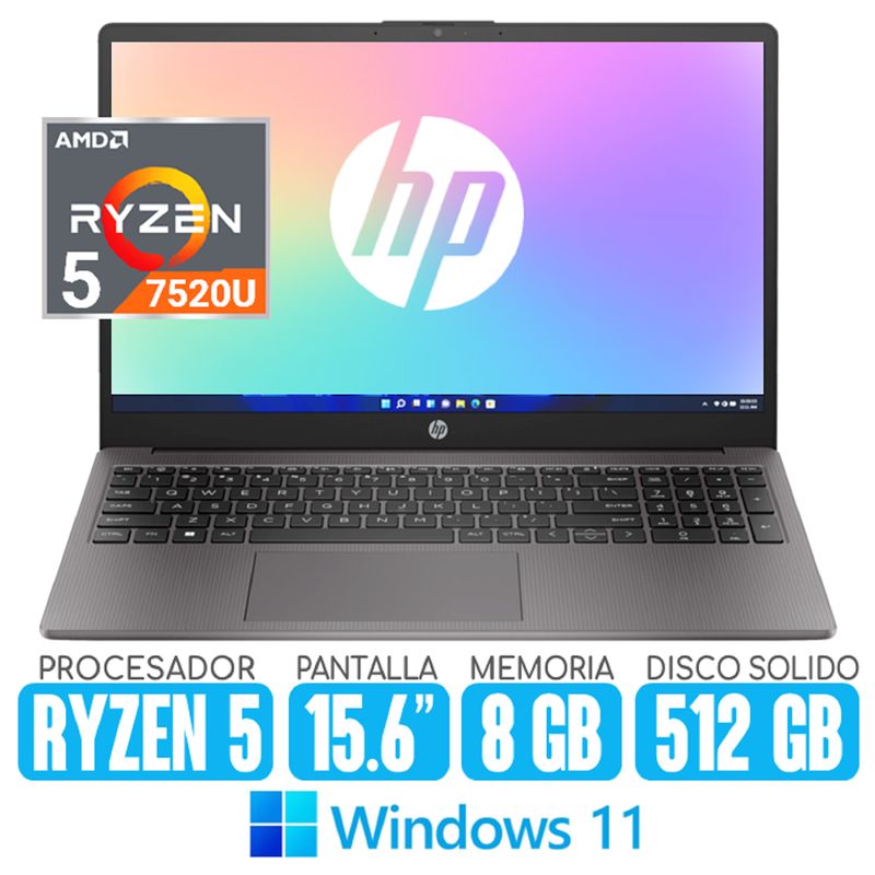Laptop HP Ryzen 5-7520U RAM 8gb SSD 512gb Pantalla 15.6 Windows HP 255 ...
