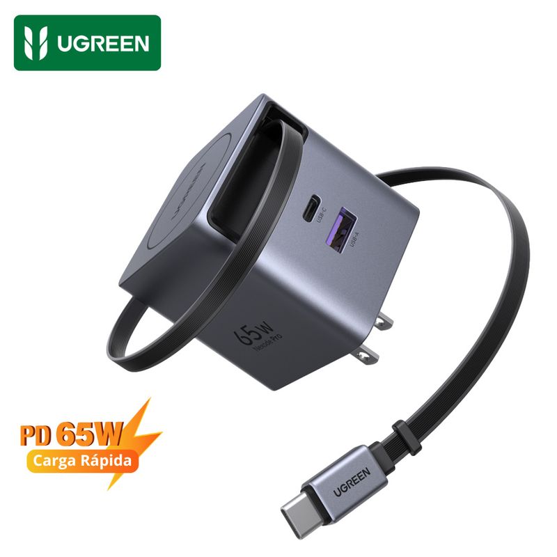 Cargador de Pared Carga Rápida UGREEN 65W GaN con Cable Retráctil Tipo ...