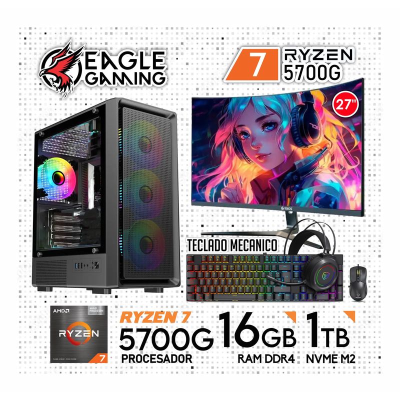 Computadora Completa Ryzen 7 5700G RAM 16GB SSD 1TB MONITOR 27" 100HZ ...
