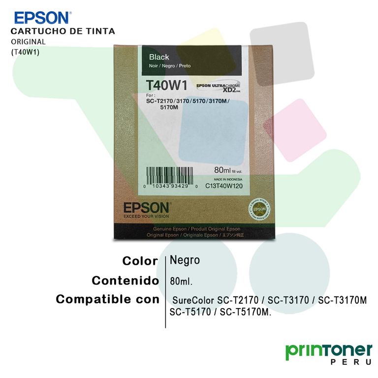 TINTA EPSON T40W T40W1 NEGRO 80ML PARA SC-T2170, 3170, 5170 EPSON ...
