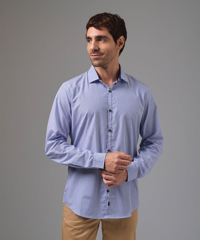 Camisa Hombre Manga Larga Pechera Ojal Slim Fit Azul A Rayas MBO MBO ...