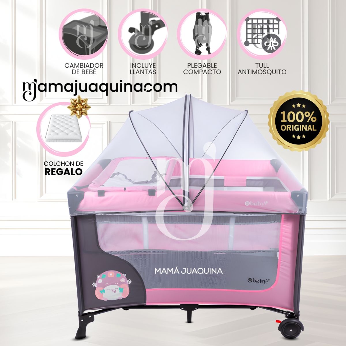 Cuna Corral Premium «HAPPY DREAM» Light Pink con Colchón BABY ...