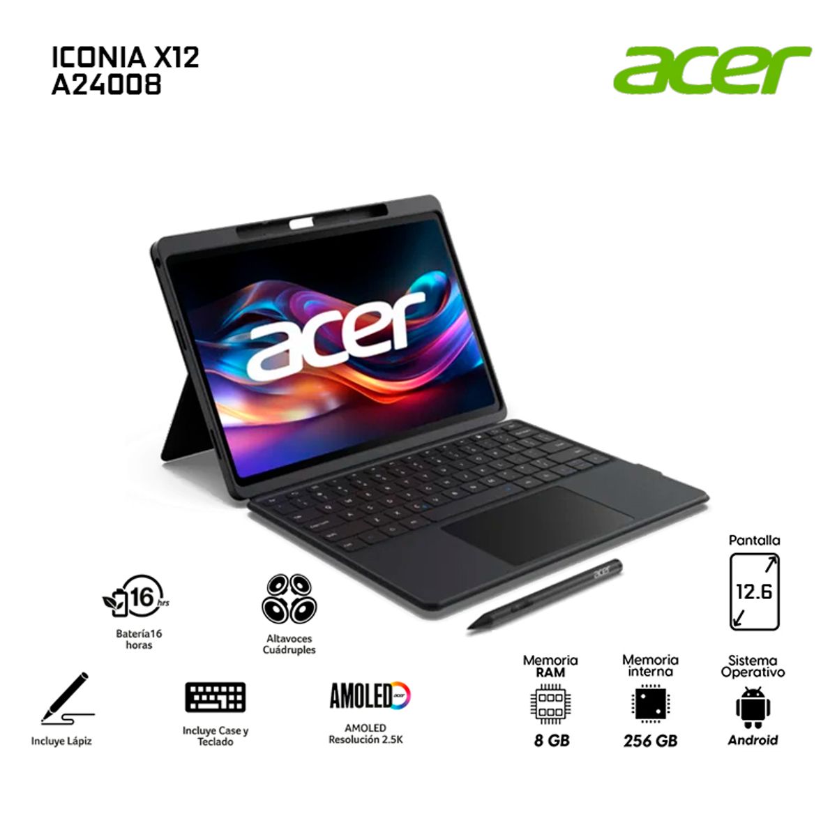 Tablet Acer Iconia X12-11 126 WQXGA OLED 8GB RAM 256GB Almacenamiento ...