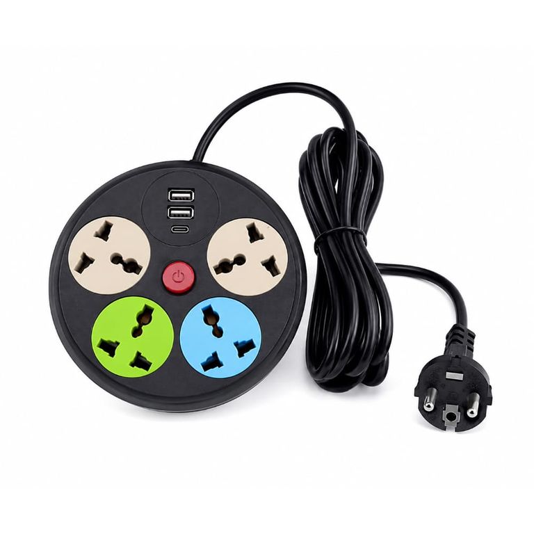 Enchufe Extensión 2m Multitoma Redonda USB 4 Tomas Universales Cable ...