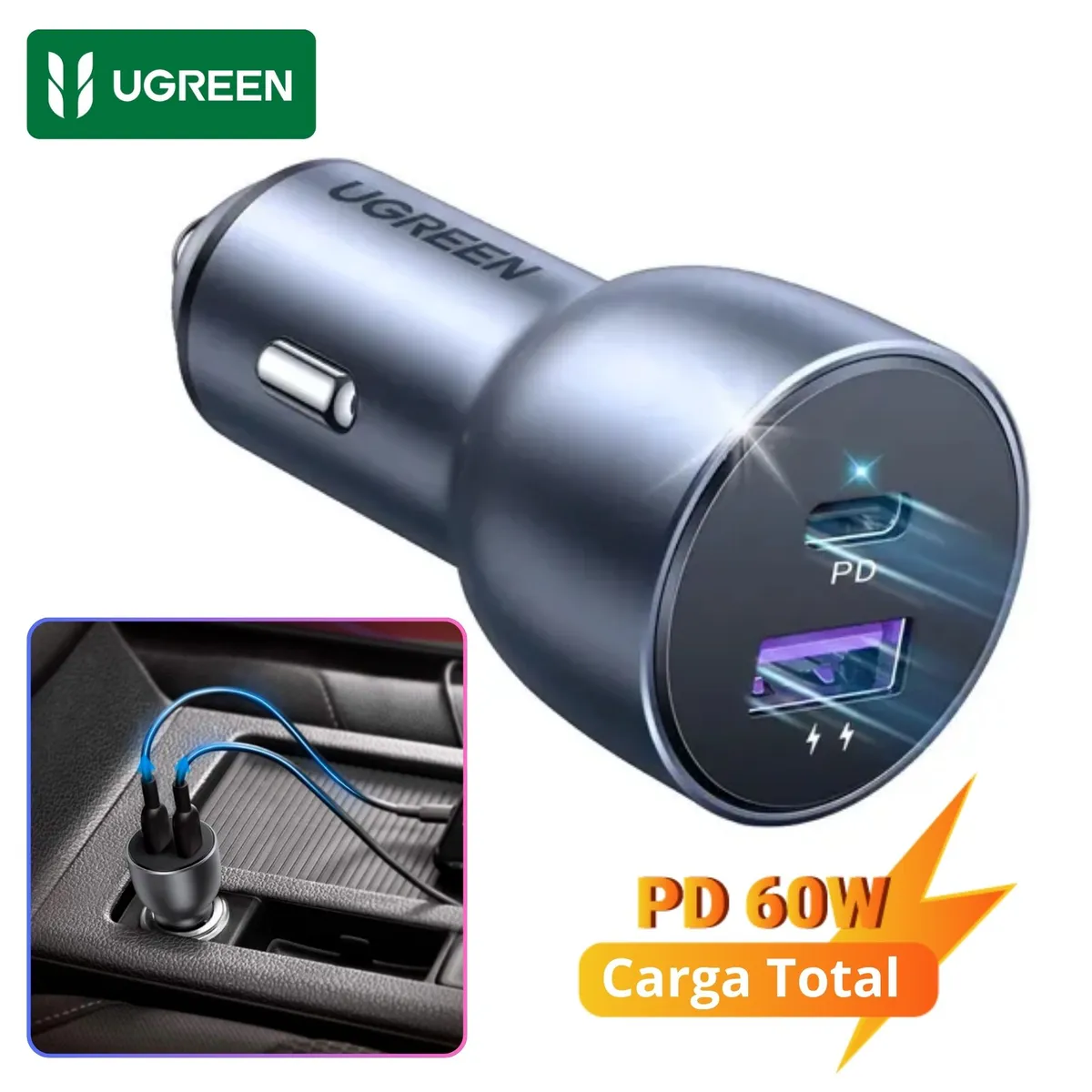 Cargador Auto 2 Puertos Carga Rapida 60W UGREEN Carga Rápida UGREEN ...