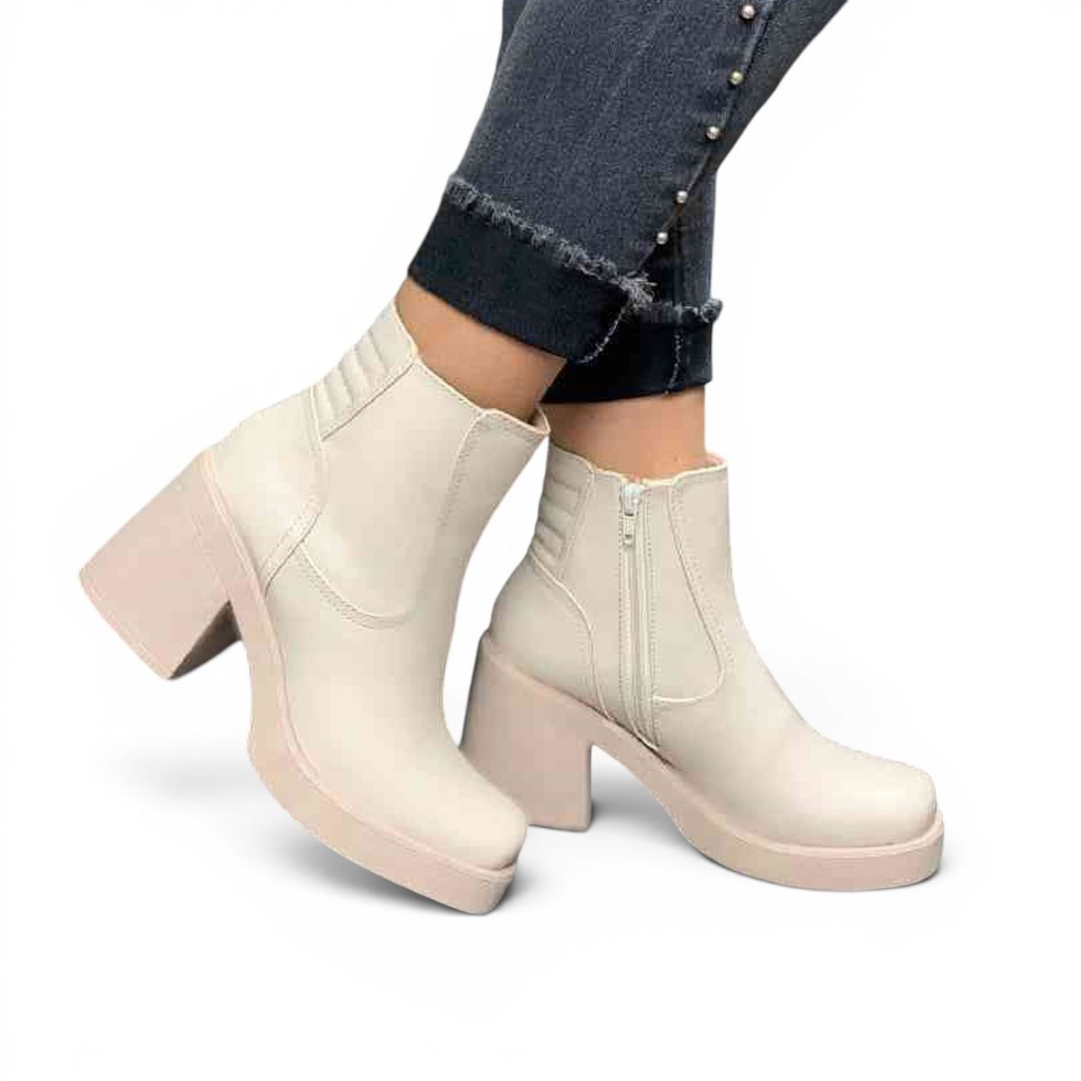 Botin Mujer Punta Cuadrada Avaricia Taco 7 1022-65 Color Hueso GENERICO ...