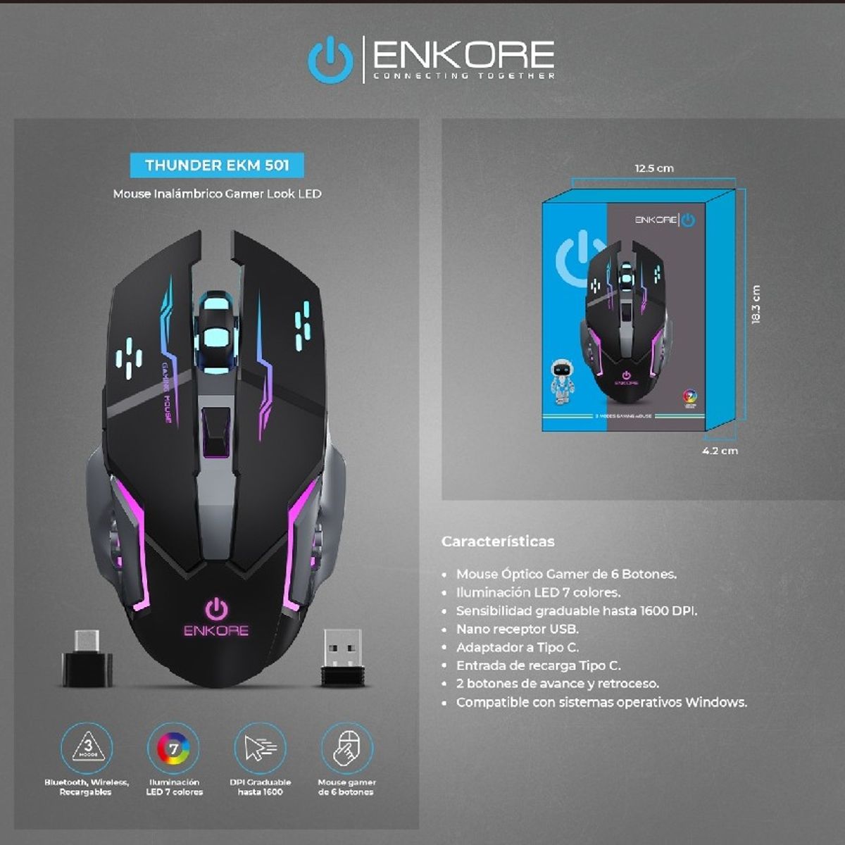 Mouse Gamer Inalámbrico Recargable Enkore EKM501 3M - RGB - 3200 DPI ...