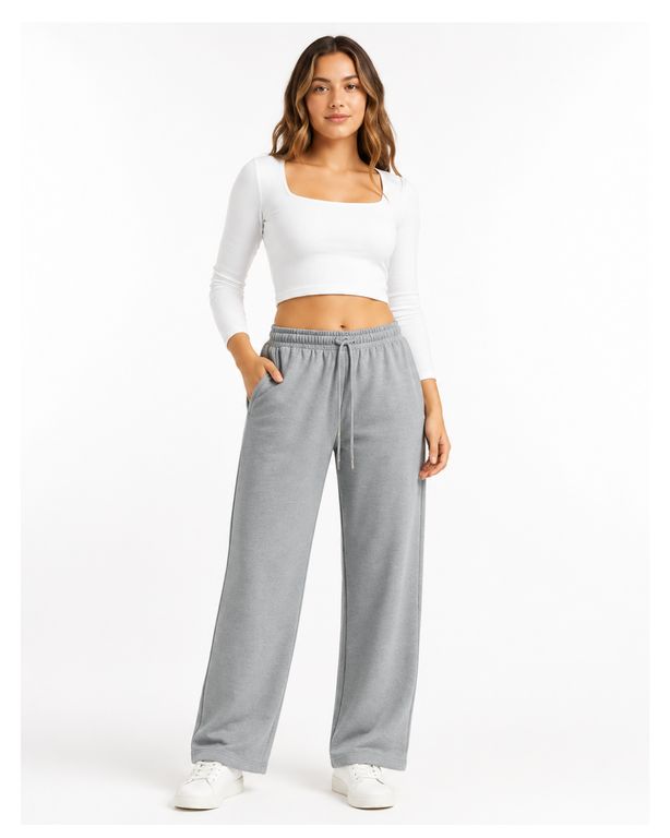 ENKI Pantalón Palazo Mujer Franela Melange Cintura Elástica Cordón ...