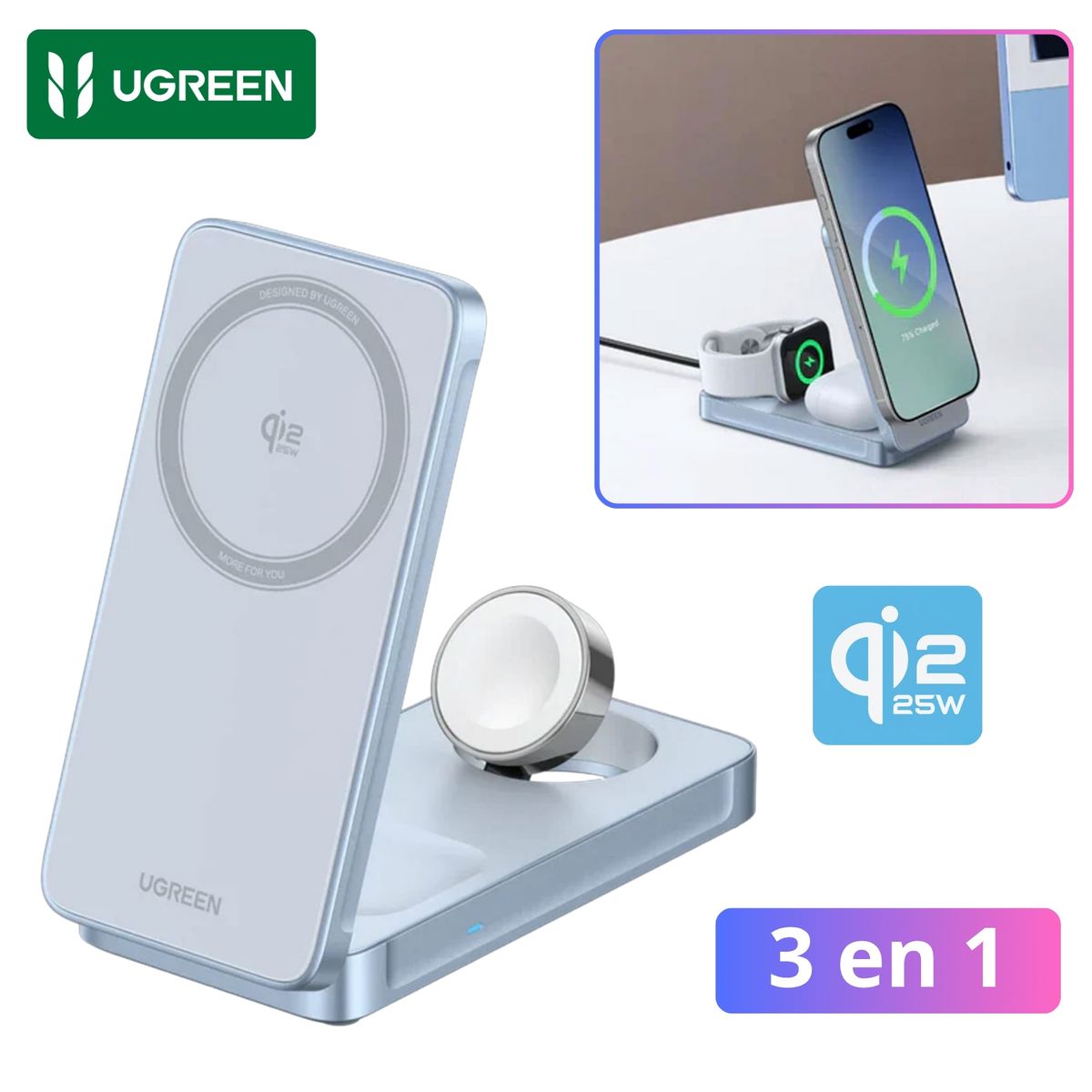 Cargador Inalámbrico UGREEN Magflow 3 en 1 Plegable 25W Cagador Qi2 ...