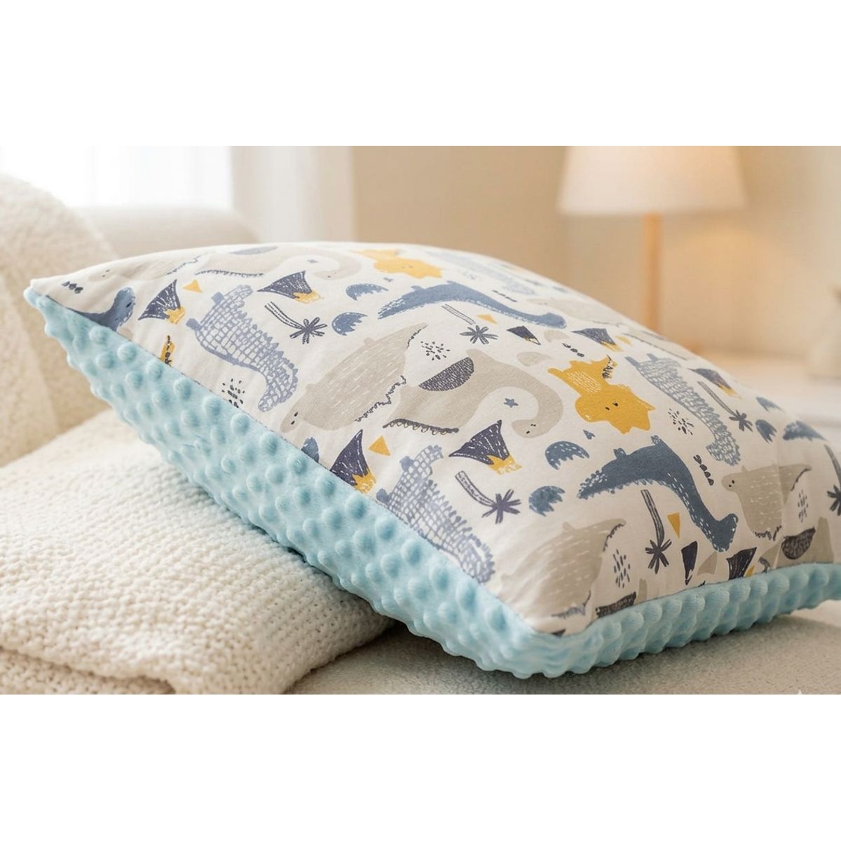 almohada para niños pequeños de doble cara celeste con dinosaurios ...