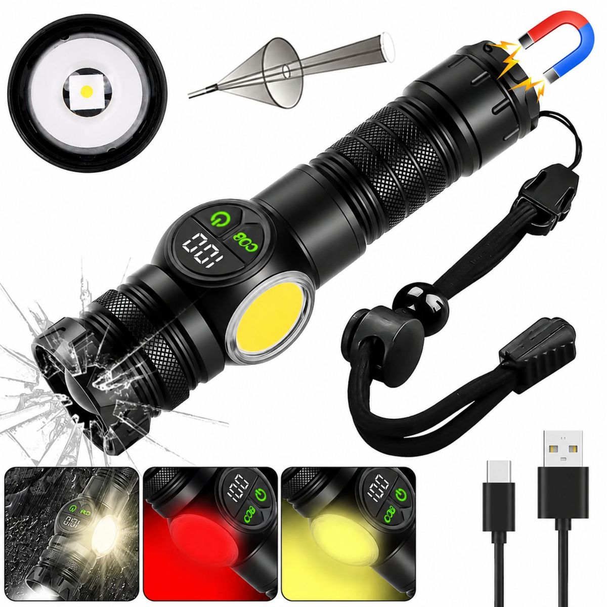 Linterna De Largo Alcance 2000LM Con Imán Luz Lateral COB Recargable ...
