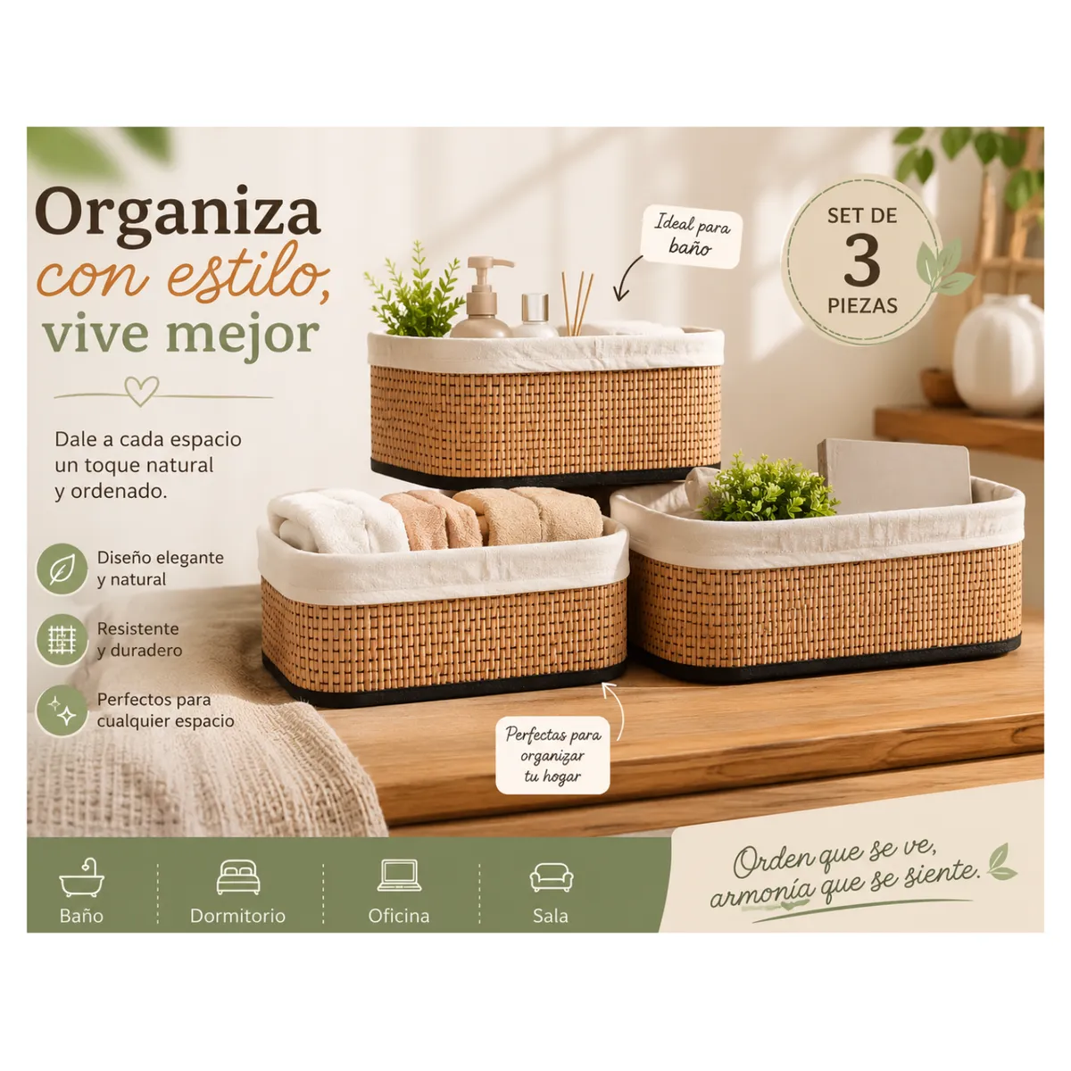 Set 3 und de Canasta Organizador Cesto Multiuso Bambú GENERICO ...