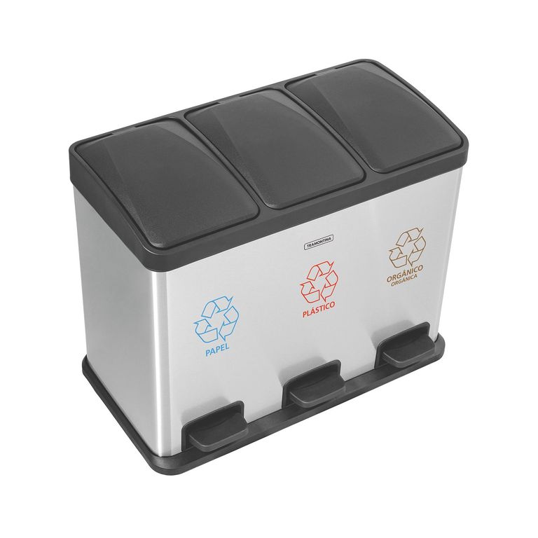 Basurero con Pedal Triple Rectangular 45 Litros Acero AISI 430 60.5x48 ...