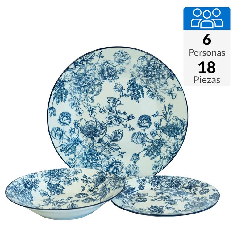 Juego de Loza Vajilla 18 Piezas Porcelana Stella Azul 6 Personas ...