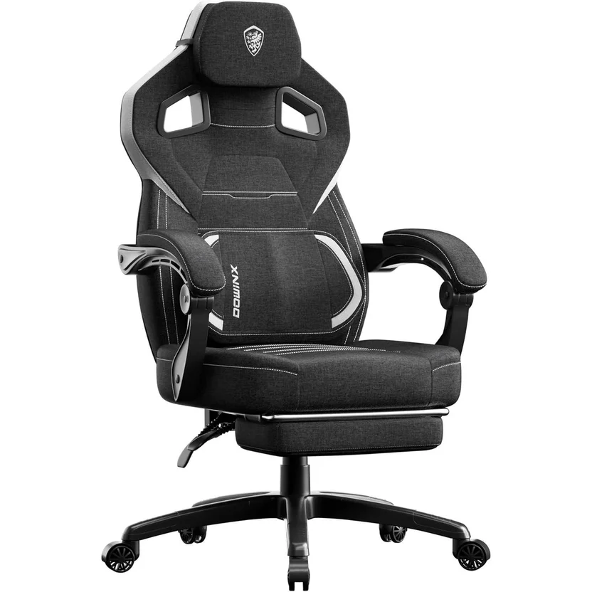 Silla Gamer Dowinx de Tela Negra con Respaldo Ancho y Reposapiés Ergonómico - Homecenter.com.co