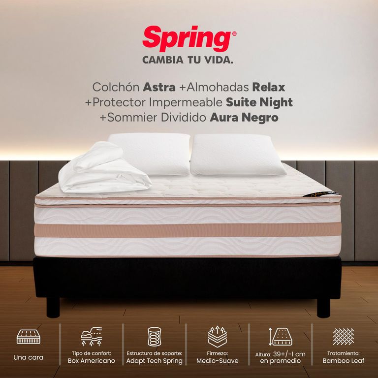 Colchon spring astra king 200x200 cm + base aura negra + 2 almohadas ...