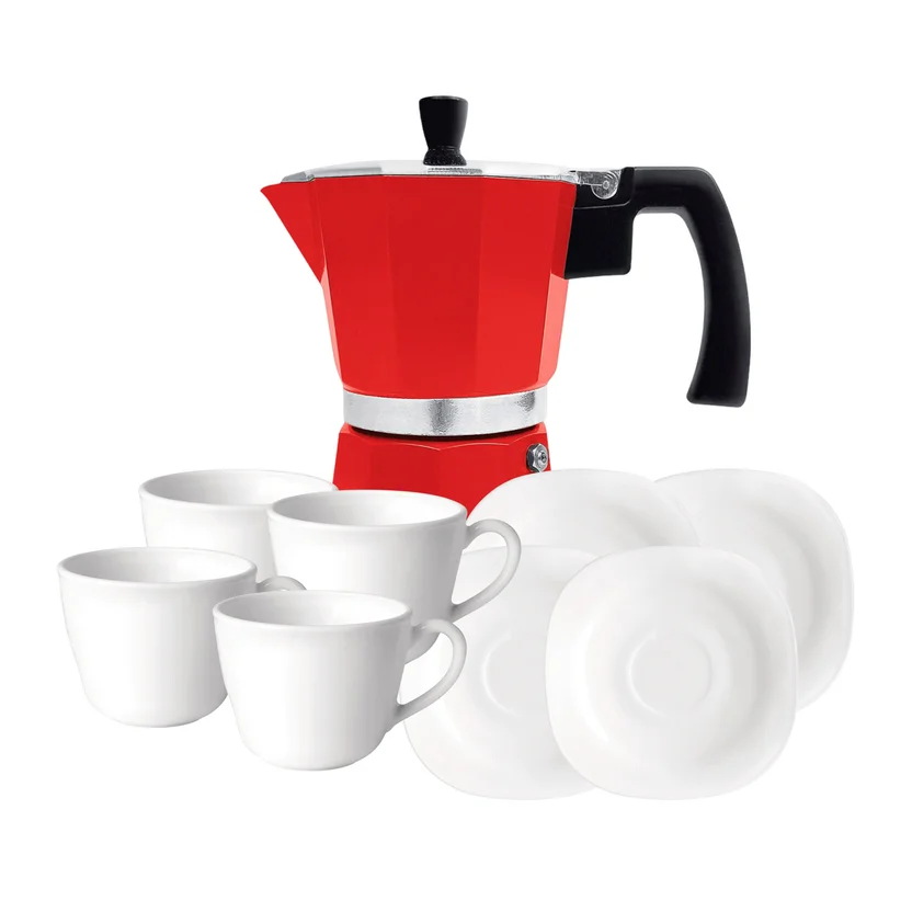 Cafetera Italiana Roja + Set Café 4 Puestos - Homecenter.com.co