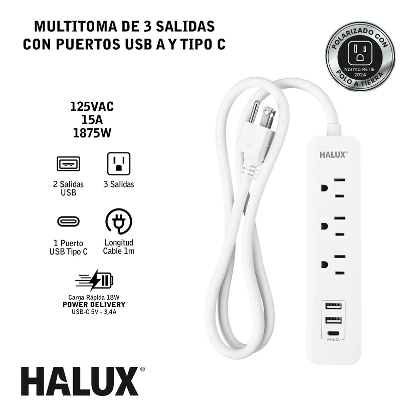 Multitoma 3 Salidas P/t Con 3 Puertos USB Tipo a y C - Homecenter.com.co