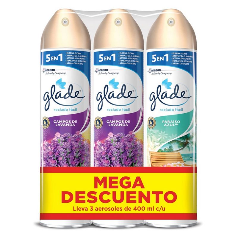 Ambientador Aerosol 2 Lavanda + 1 Paraíso 3 x 400 ml GLADE | falabella.com