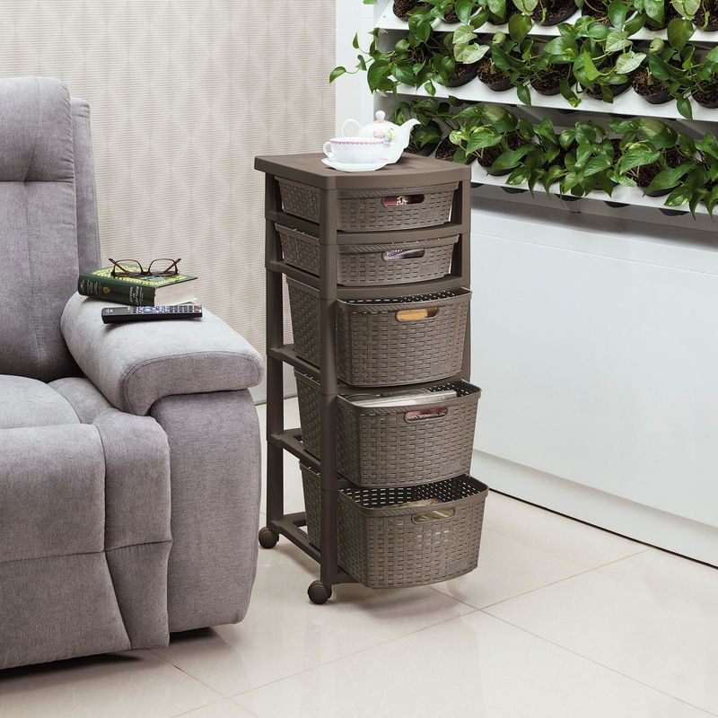 Cajonero Plastico de Piso Shia 5 Gavetas con Ruedas 33X39X87.5 cm Café ...