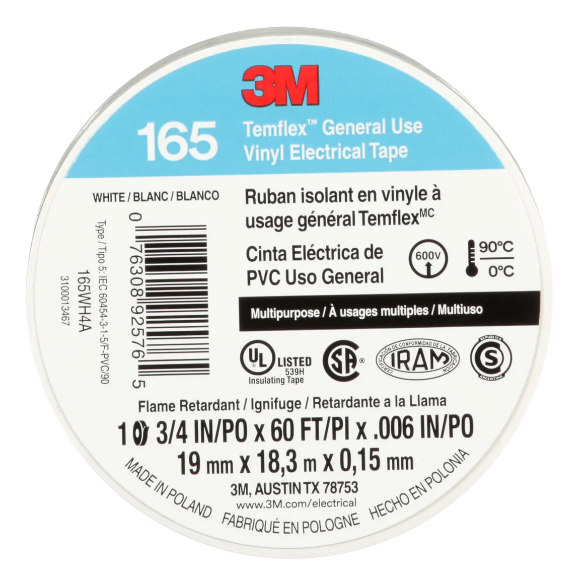 Cinta Temflex 165 Blanca 19mm x 18.3m - Homecenter.com.co