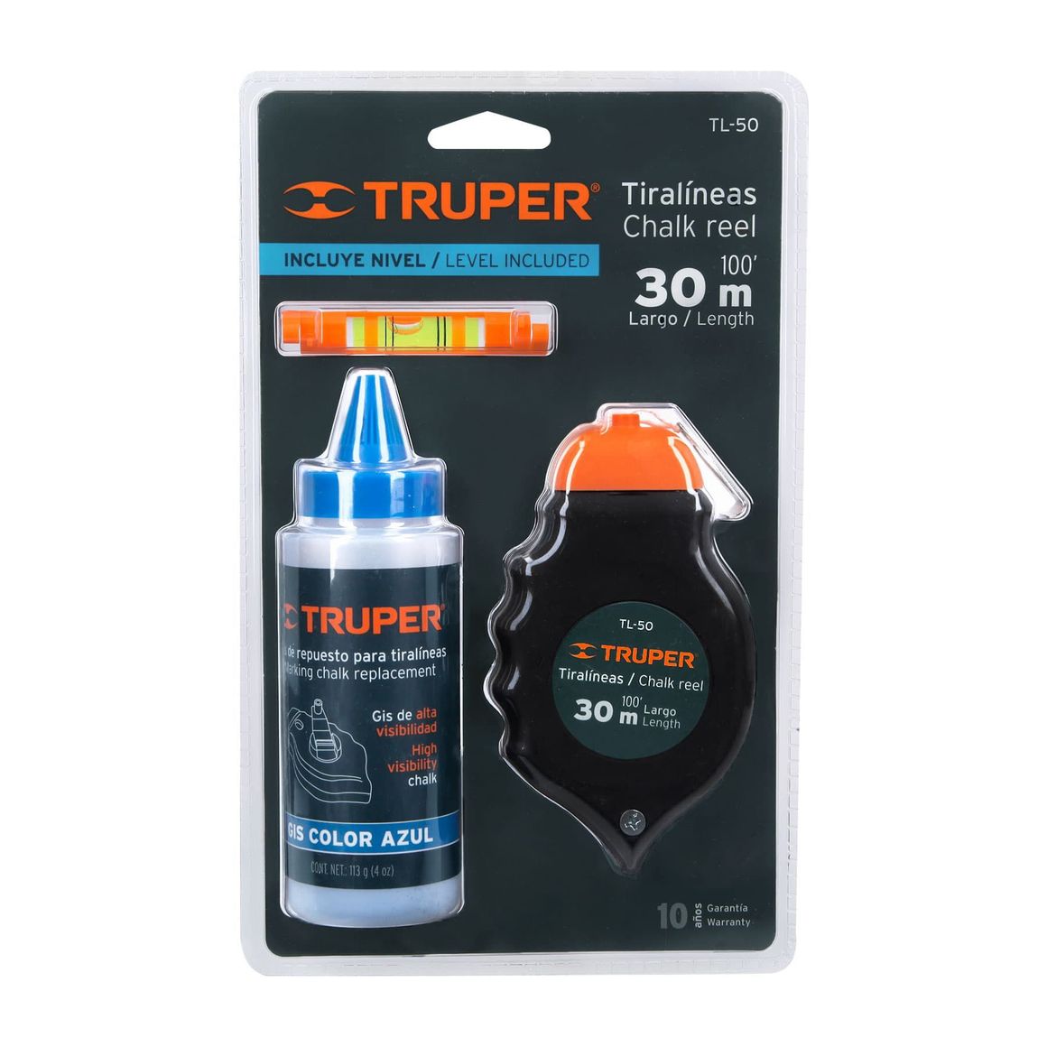 Cimbra Plástica de 30 Metros Incluye Tinta Azul y Nivel Truper ...