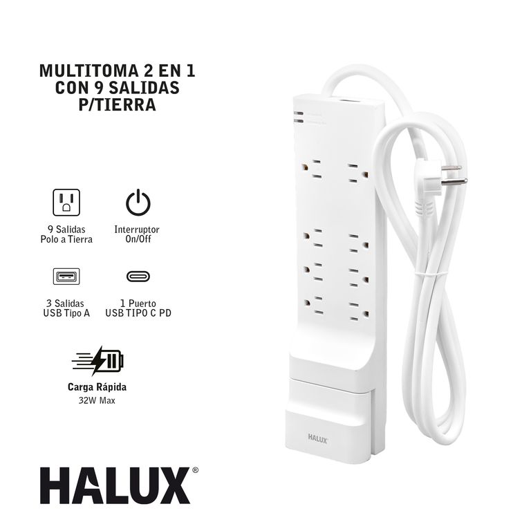 Multitoma 2En1 9 Sal Cable 90Cm Multitoma Retráctil HALUX | falabella.com