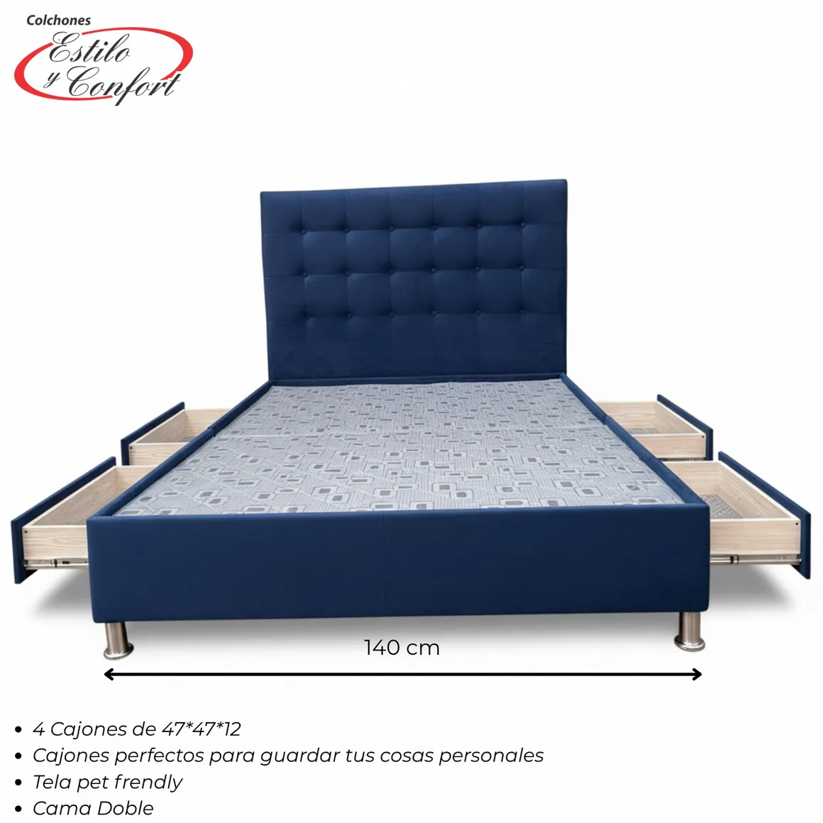 Basecama Doble con 4 Cajones y Cabecero Deco 140 Azul - Homecenter.com.co