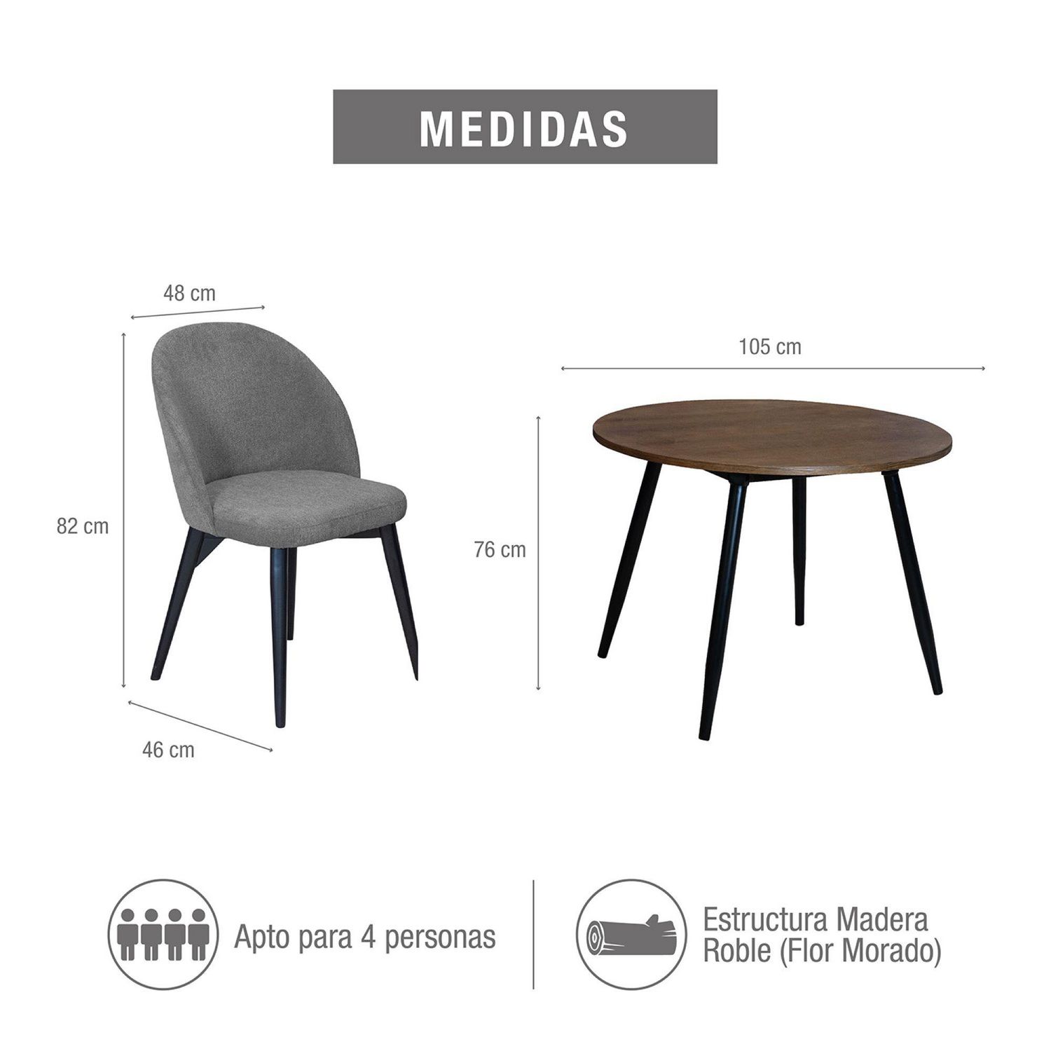 Juego de Comedor Redondo Paris 4 Puestos Natural Oscuro Negro Humo ...