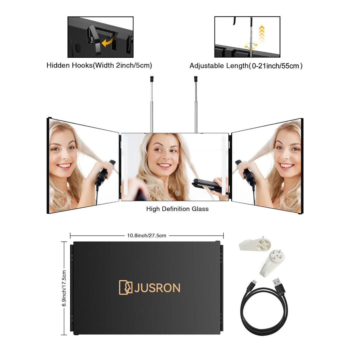Espejo JUSRON Para Corte De Cabello Con Luz LED Visión 360 Y Altura ...