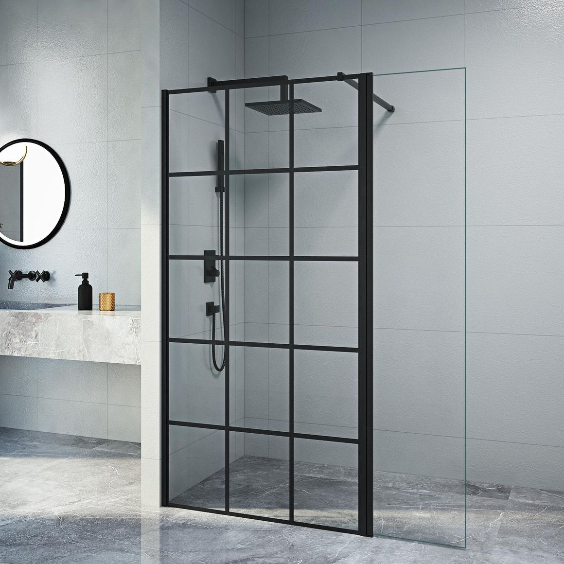 División De Baño Marco Negro Cuadros 100x195cm Apertura Pivot Sensi ...