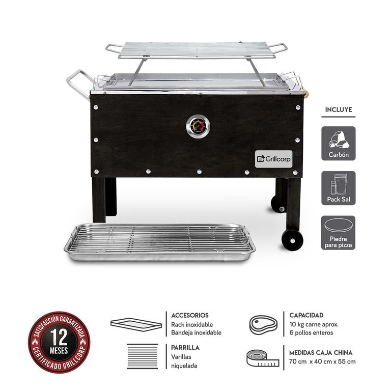 Caja China Grillcorp Mediana 70x40x55cm Inoxidable Black + Parrilla de Varillas Niqueladas ...