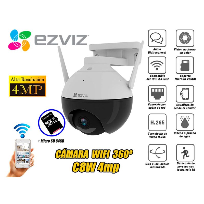 Ezviz cámara seguridad WIFI exterior C8C 4MP Noche color micro SD 64GB ...