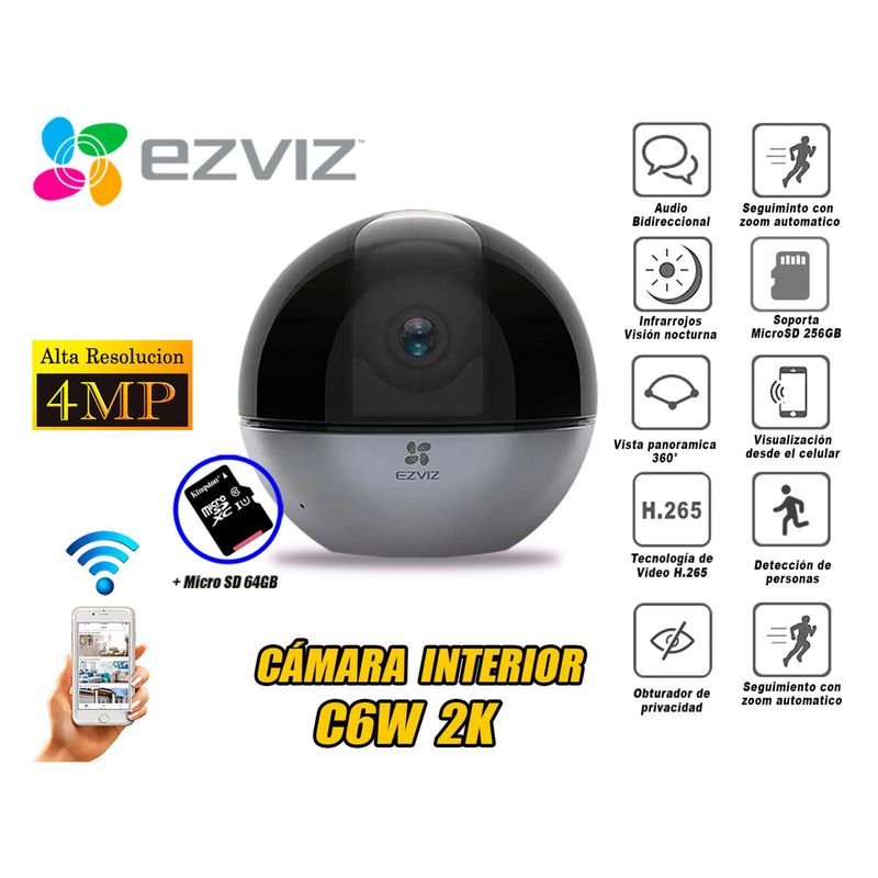 Ezviz Cámara Seguridad Audio Inalambrico Wifi C6W 4Mp 2K Micro SD 64GB ...