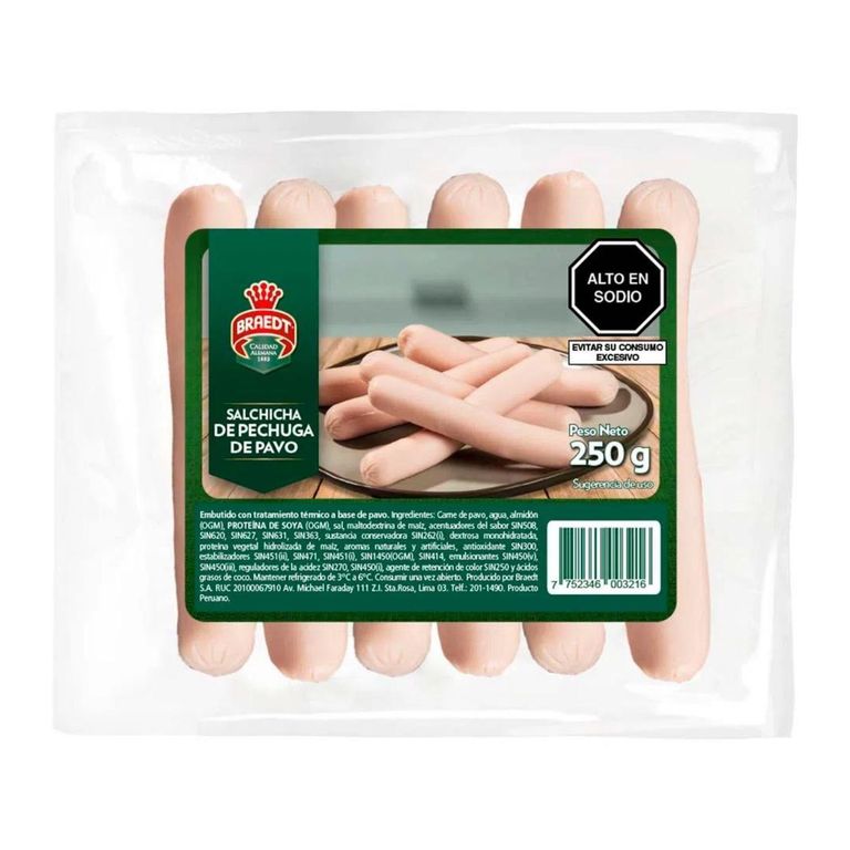 Salchicha de Pechuga de Pavo Braedt Empaque 250 g | Tottus Perú