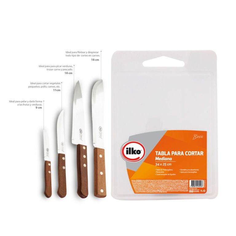Pack Tabla Mediana + 4 Cuchillos Basic | Tottus Perú