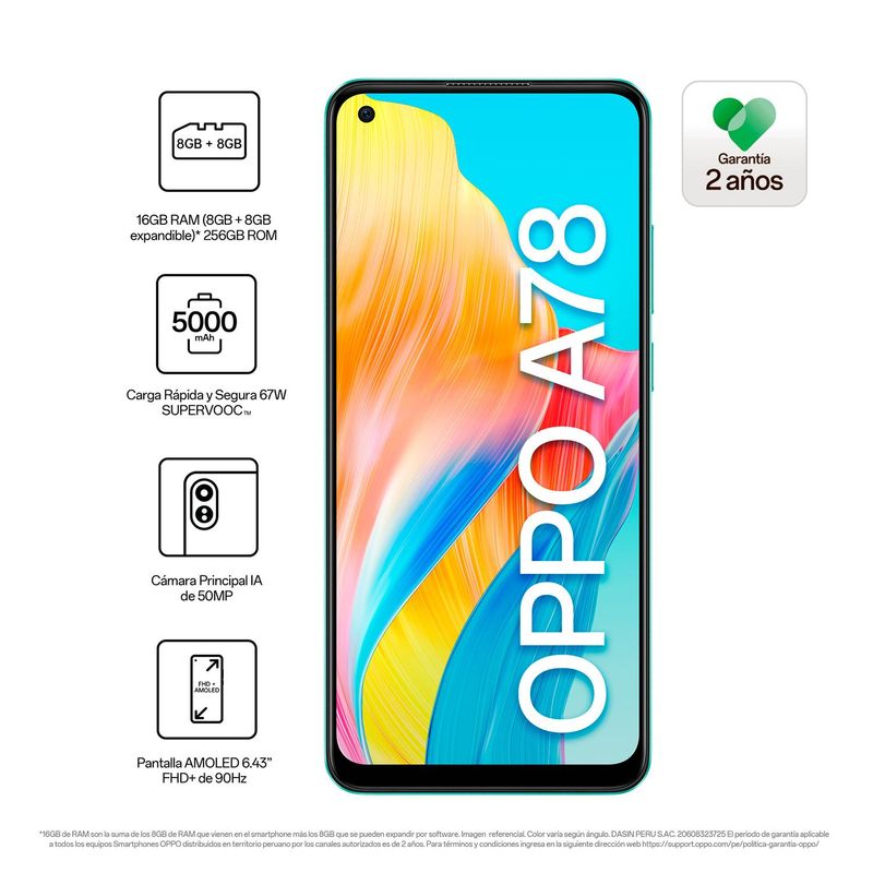 Smartphone Oppo A78 8 + 256Gb Verde | Tottus Perú