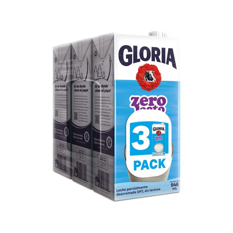 Leche UHT Sin Lactosa Gloria Zero Lacto Pack 3 Cajas 946 mL | Tottus Perú